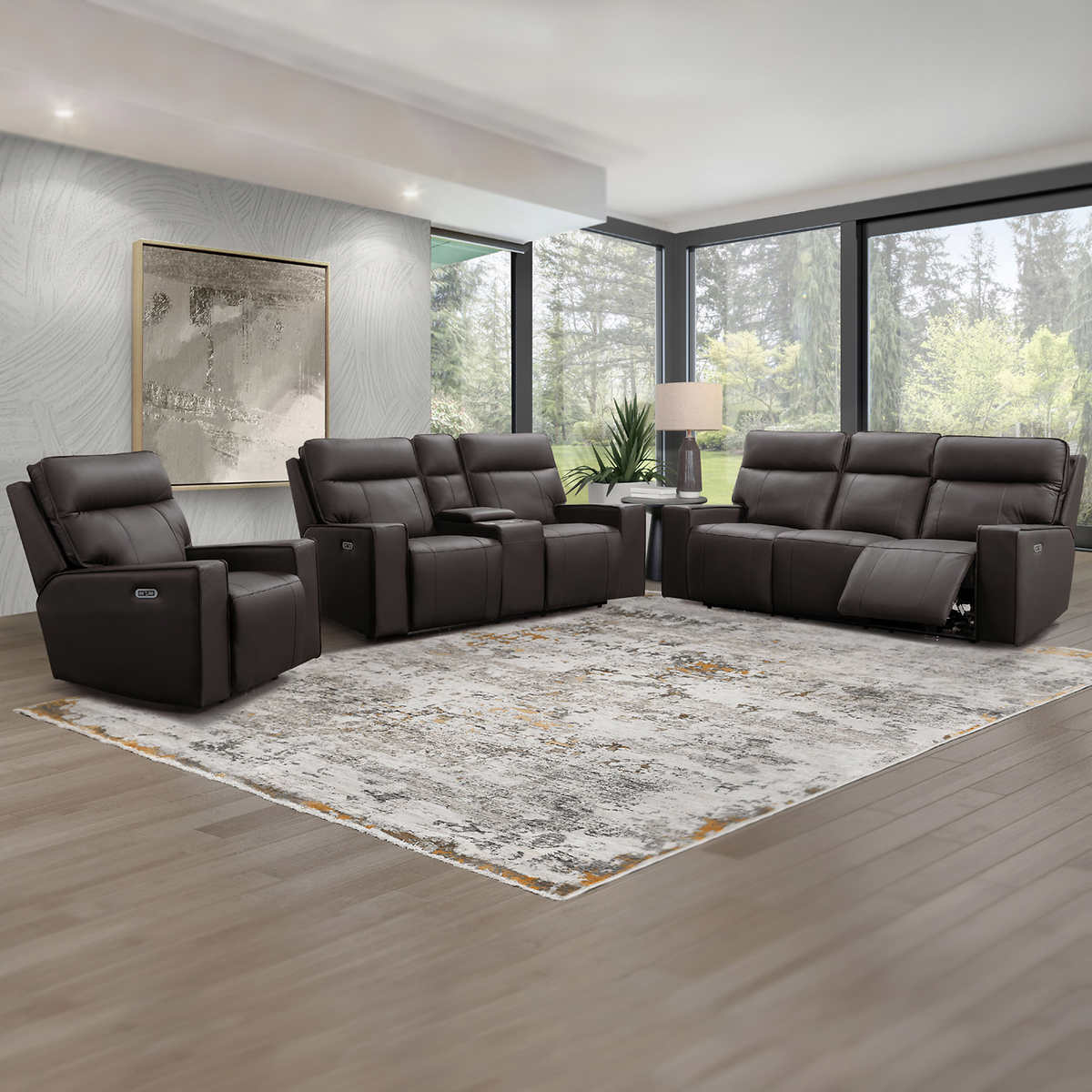 Kellan 3 piece Leather Power Reclining Set with Power Headrests Sofa Loveseat Chair Dark Brown
